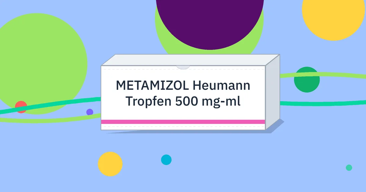 Symbolbild: Packung mit der Aufschrift METAMIZOL Heumann Tropfen 500 mg-ml (PZN 10065101) – Verfügbarkeit und Bezug in Apotheken in Frankfurt am Main