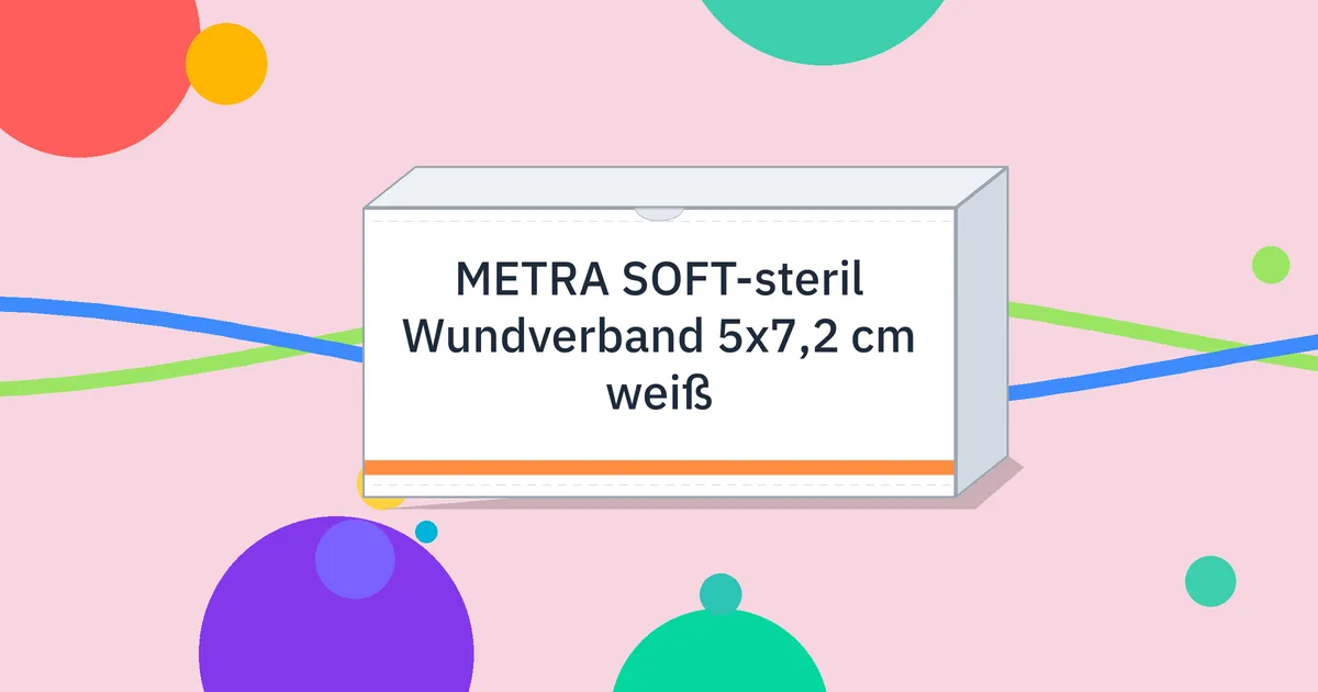 Symbolbild: Packung mit der Aufschrift METRA SOFT-steril Wundverband 5x7,2 cm weiß (PZN 07772711) – Verfügbarkeit und Bezug in Apotheken in Frankfurt am Main