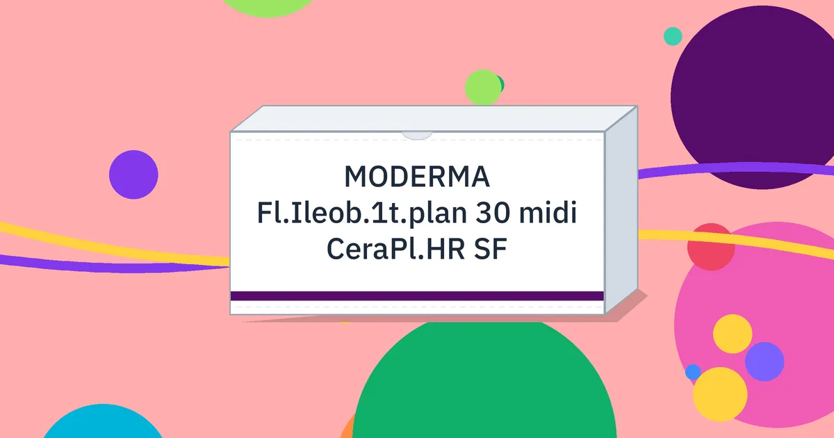 Symbolbild: Packung mit der Aufschrift MODERMA Fl.Ileob.1t.plan 30 midi CeraPl.HR SF (PZN 12417076) – Verfügbarkeit und Bezug in Apotheken in Frankfurt am Main