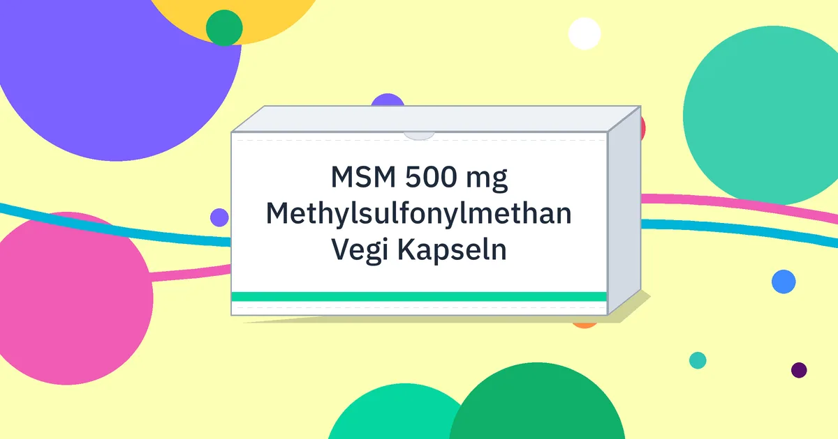 Symbolbild: Packung mit der Aufschrift MSM 500 mg Methylsulfonylmethan Vegi Kapseln (PZN 15245888) – Verfügbarkeit und Bezug in Apotheken in Frankfurt am Main