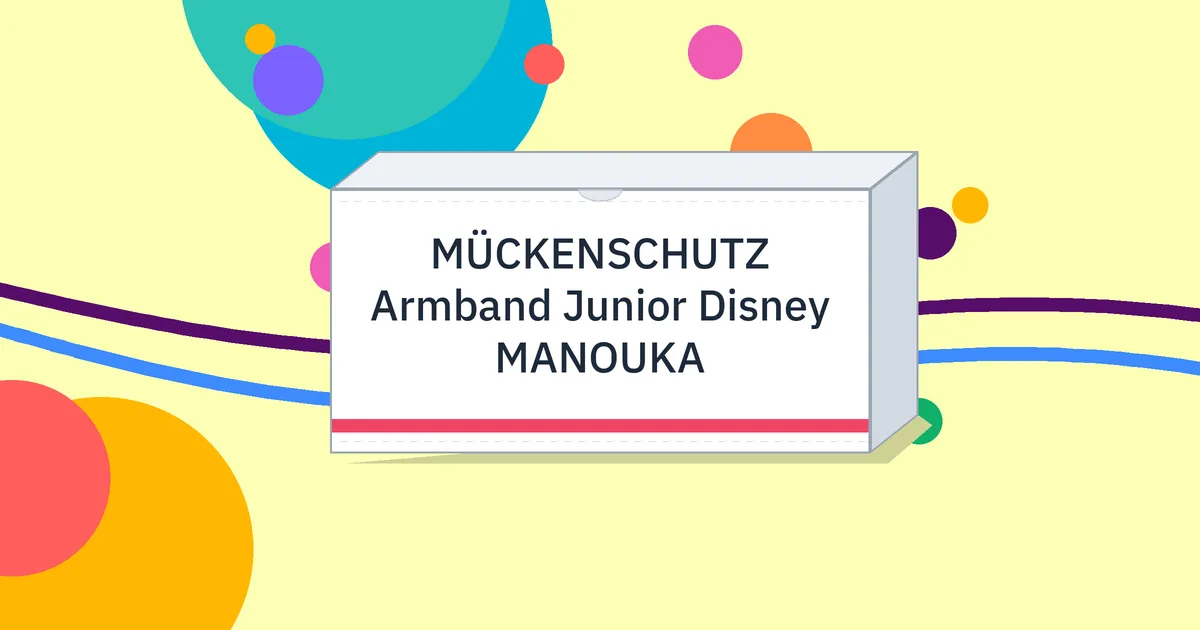 Symbolbild: Packung mit der Aufschrift MÜCKENSCHUTZ Armband Junior Disney MANOUKA (PZN 19438590) – Verfügbarkeit und Bezug in Apotheken in Frankfurt am Main