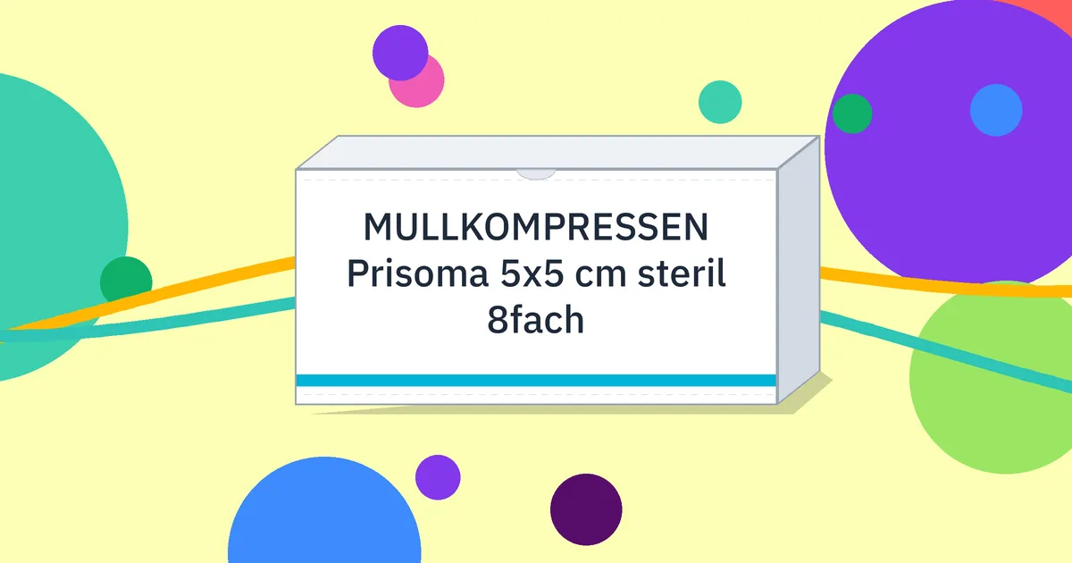 Symbolbild: Packung mit der Aufschrift MULLKOMPRESSEN Prisoma 5x5 cm steril 8fach (PZN 18752350) – Verfügbarkeit und Bezug in Apotheken in Frankfurt am Main