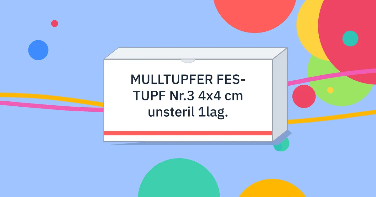 Symbolbild: Packung mit der Aufschrift MULLTUPFER FES-TUPF Nr.3 4x4 cm unsteril 1lag. (PZN 04050621) – Verfügbarkeit und Bezug in Apotheken in Frankfurt am Main