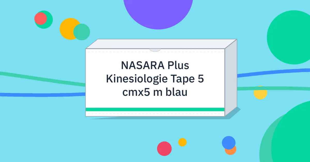 Symbolbild: Packung mit der Aufschrift NASARA Plus Kinesiologie Tape 5 cmx5 m blau (PZN 13965472) – Verfügbarkeit und Bezug in Apotheken in Frankfurt am Main