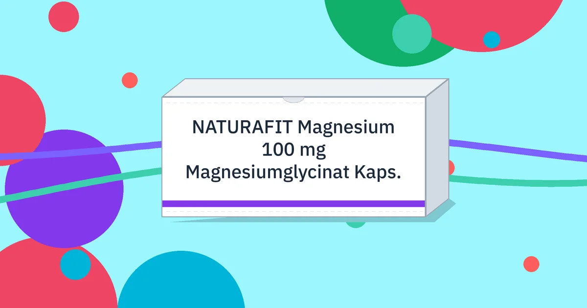 Symbolbild: Packung mit der Aufschrift NATURAFIT Magnesium 100 mg Magnesiumglycinat Kaps. (PZN 16864292) – Verfügbarkeit und Bezug in Apotheken in Frankfurt am Main