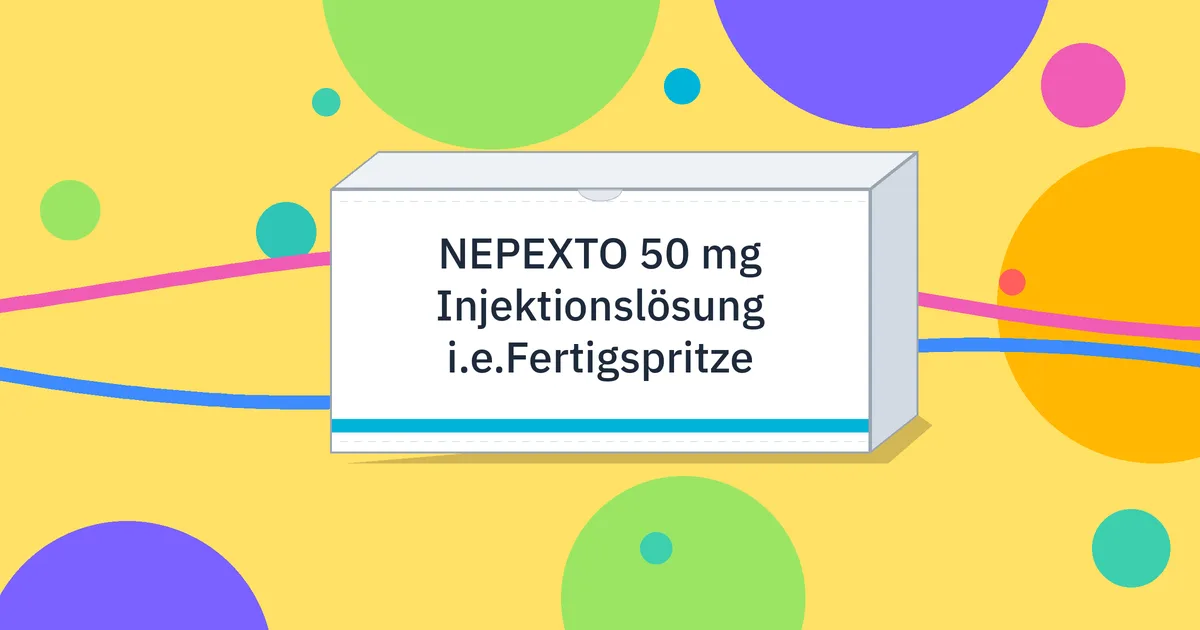 Symbolbild: Packung mit der Aufschrift NEPEXTO 50 mg Injektionslösung i.e.Fertigspritze (PZN 15862842) – Verfügbarkeit und Bezug in Apotheken in Frankfurt am Main