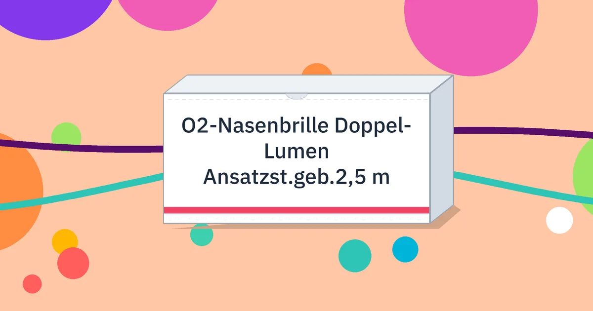 Symbolbild: Packung mit der Aufschrift O2-Nasenbrille Doppel-Lumen Ansatzst.geb.2,5 m (PZN 17432844) – Verfügbarkeit und Bezug in Apotheken in Frankfurt am Main