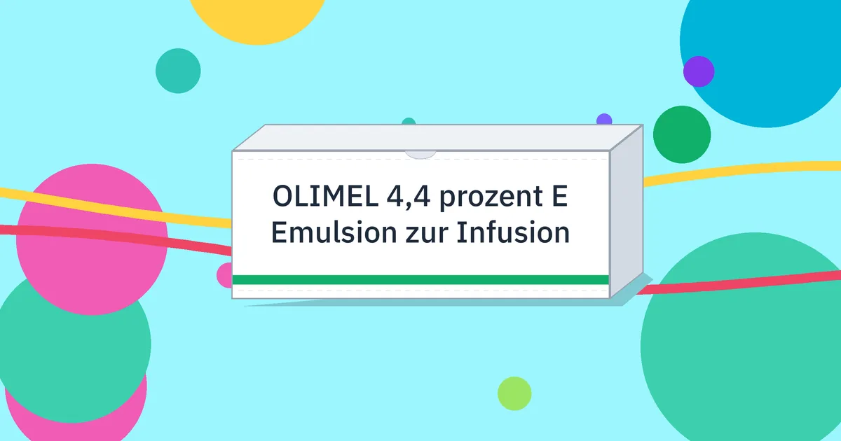 Symbolbild: Packung mit der Aufschrift OLIMEL 4,4 prozent E Emulsion zur Infusion (PZN 05900240) – Verfügbarkeit und Bezug in Apotheken in Frankfurt am Main