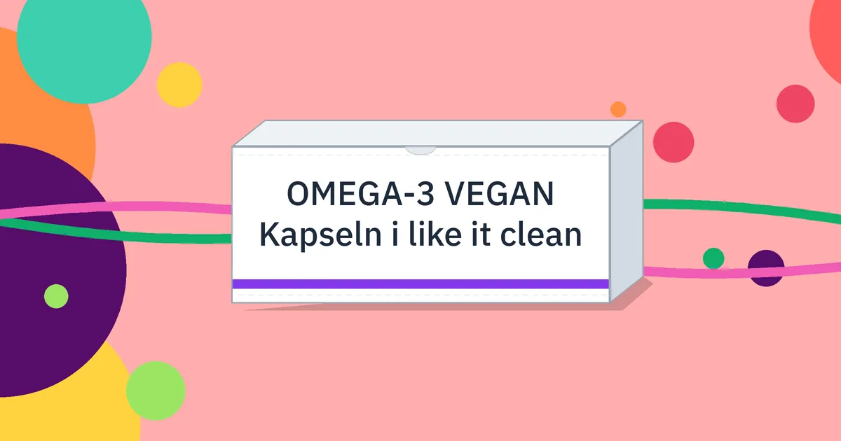 Symbolbild: Packung mit der Aufschrift OMEGA-3 VEGAN Kapseln i like it clean (PZN 20019214) – Verfügbarkeit und Bezug in Apotheken in Frankfurt am Main