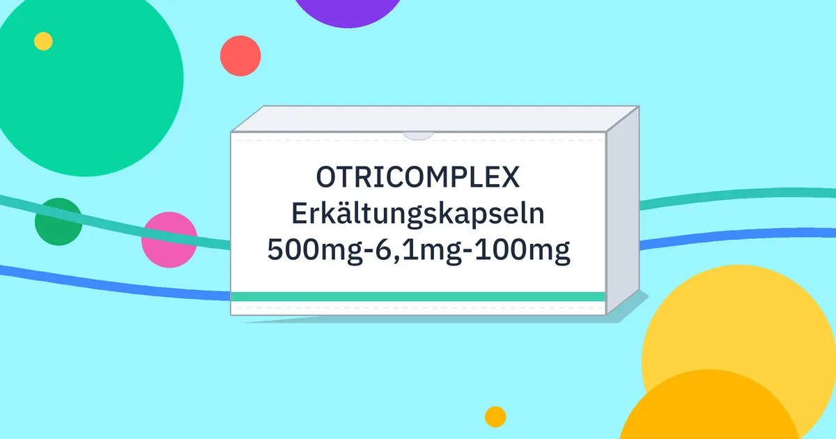 Symbolbild: Packung mit der Aufschrift OTRICOMPLEX Erkältungskapseln 500mg-6,1mg-100mg (PZN 19077815) – Verfügbarkeit und Bezug in Apotheken in Frankfurt am Main