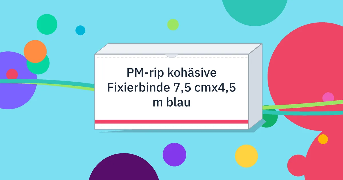 Symbolbild: Packung mit der Aufschrift PM-rip kohäsive Fixierbinde 7,5 cmx4,5 m blau (PZN 18845301) – Verfügbarkeit und Bezug in Apotheken in Frankfurt am Main