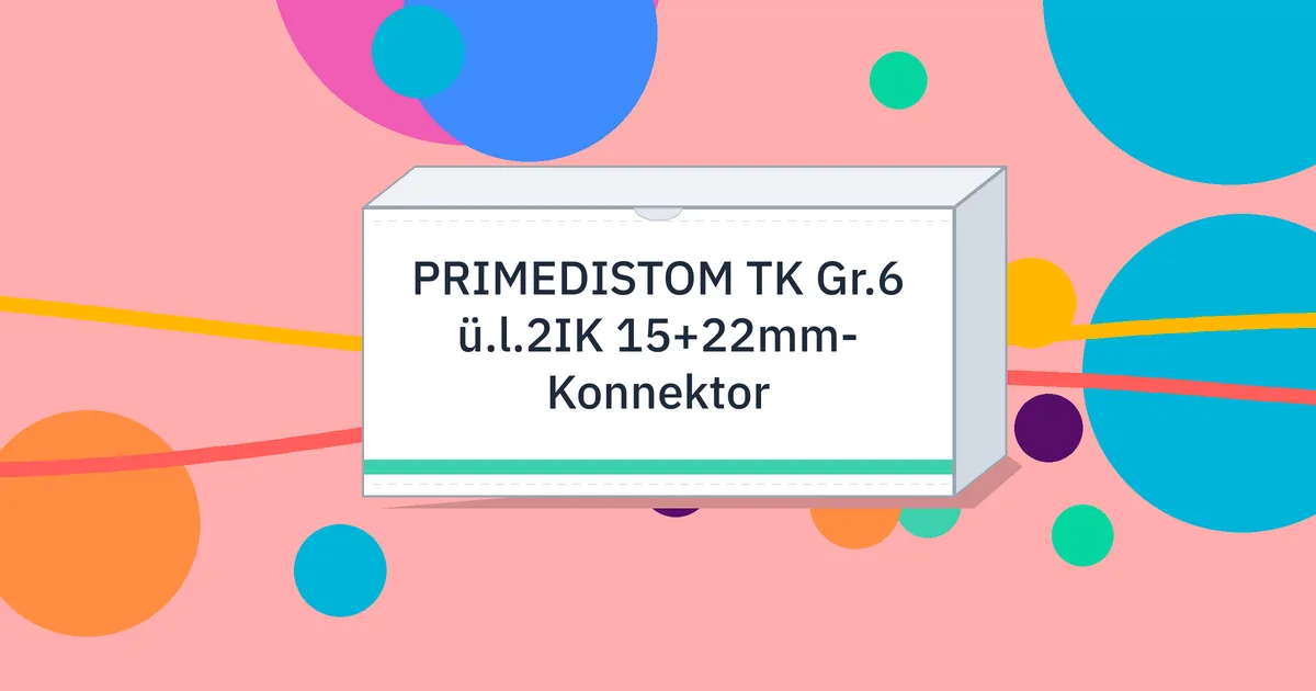 Symbolbild: Packung mit der Aufschrift PRIMEDISTOM TK Gr.6 ü.l.2IK 15+22mm-Konnektor (PZN 10928105) – Verfügbarkeit und Bezug in Apotheken in Frankfurt am Main