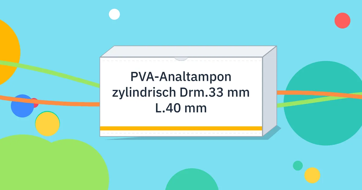 Symbolbild: Packung mit der Aufschrift PVA-Analtampon zylindrisch Drm.33 mm L.40 mm (PZN 18831256) – Verfügbarkeit und Bezug in Apotheken in Frankfurt am Main