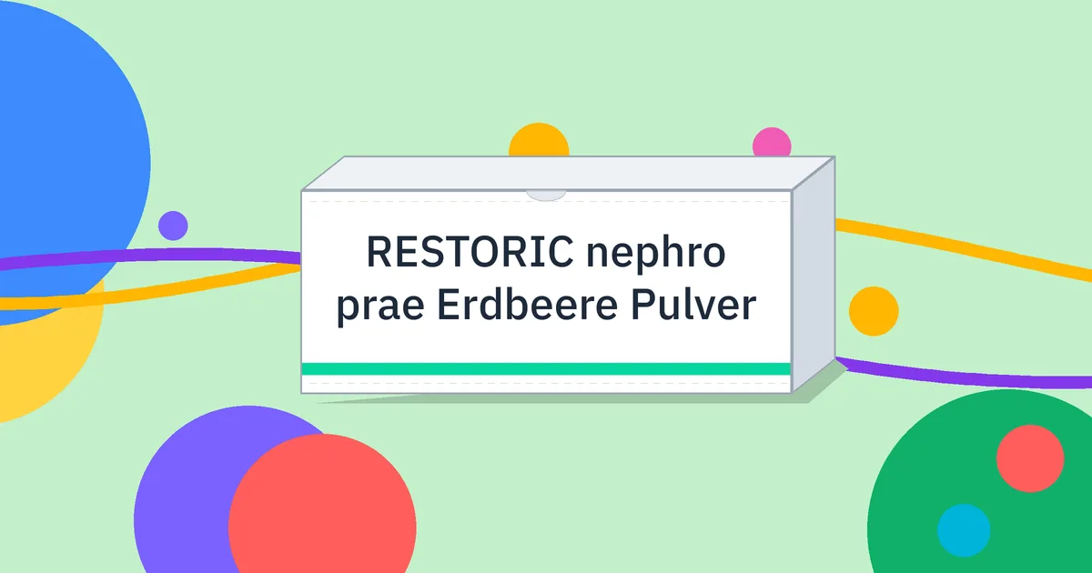 Symbolbild: Packung mit der Aufschrift RESTORIC nephro prae Erdbeere Pulver (PZN 18354187) – Verfügbarkeit und Bezug in Apotheken in Frankfurt am Main