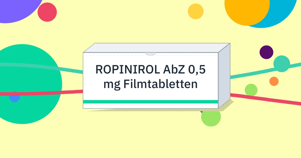 Symbolbild: Packung mit der Aufschrift ROPINIROL AbZ 0,5 mg Filmtabletten (PZN 06964265) – Verfügbarkeit und Bezug in Apotheken in Frankfurt am Main
