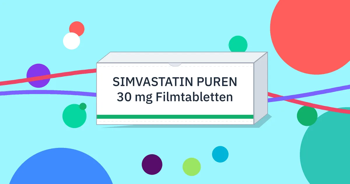 Symbolbild: Packung mit der Aufschrift SIMVASTATIN PUREN 30 mg Filmtabletten (PZN 16958544) – Verfügbarkeit und Bezug in Apotheken in Frankfurt am Main