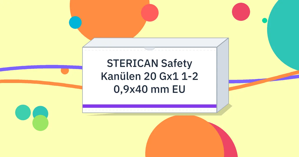Symbolbild: Packung mit der Aufschrift STERICAN Safety Kanülen 20 Gx1 1-2 0,9x40 mm EU (PZN 13353929) – Verfügbarkeit und Bezug in Apotheken in Frankfurt am Main