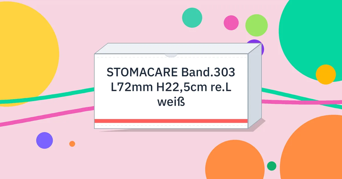 Symbolbild: Packung mit der Aufschrift STOMACARE Band.303 L72mm H22,5cm re.L weiß (PZN 03414794) – Verfügbarkeit und Bezug in Apotheken in Frankfurt am Main