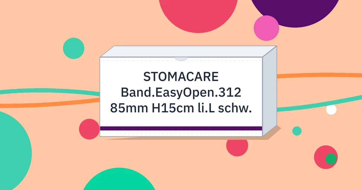 Symbolbild: Packung mit der Aufschrift STOMACARE Band.EasyOpen.312 85mm H15cm li.L schw. (PZN 09438011) – Verfügbarkeit und Bezug in Apotheken in Frankfurt am Main