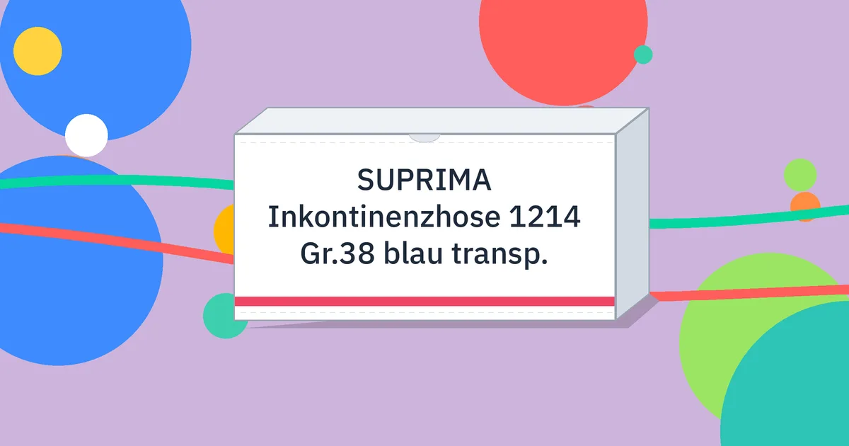 Symbolbild: Packung mit der Aufschrift SUPRIMA Inkontinenzhose 1214 Gr.38 blau transp. (PZN 02852687) – Verfügbarkeit und Bezug in Apotheken in Frankfurt am Main