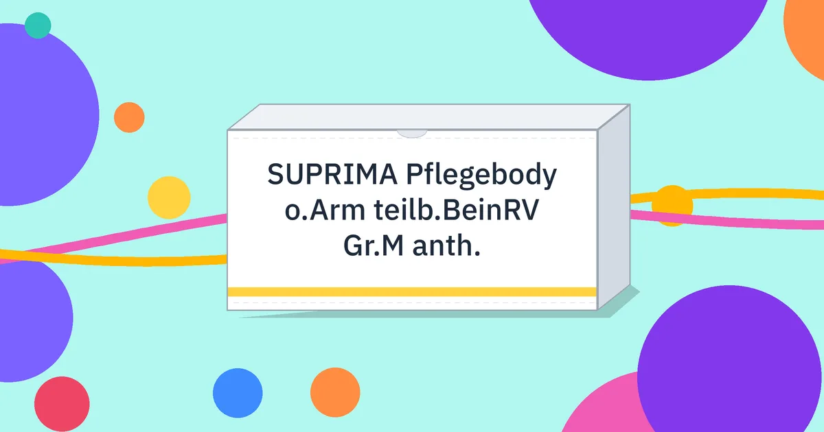 Symbolbild: Packung mit der Aufschrift SUPRIMA Pflegebody o.Arm teilb.BeinRV Gr.M anth. (PZN 10710978) – Verfügbarkeit und Bezug in Apotheken in Frankfurt am Main