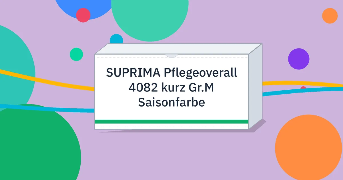 Symbolbild: Packung mit der Aufschrift SUPRIMA Pflegeoverall 4082 kurz Gr.M Saisonfarbe (PZN 11659794) – Verfügbarkeit und Bezug in Apotheken in Frankfurt am Main