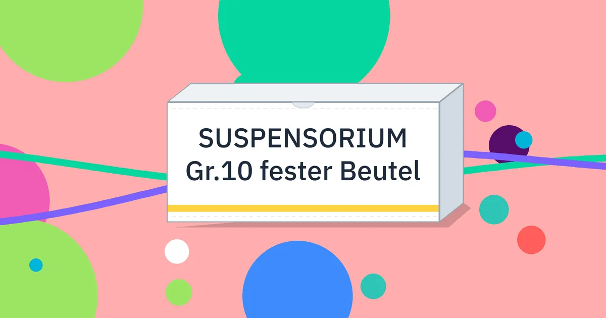 Symbolbild: Packung mit der Aufschrift SUSPENSORIUM Gr.10 fester Beutel (PZN 01739227) – Verfügbarkeit und Bezug in Apotheken in Frankfurt am Main