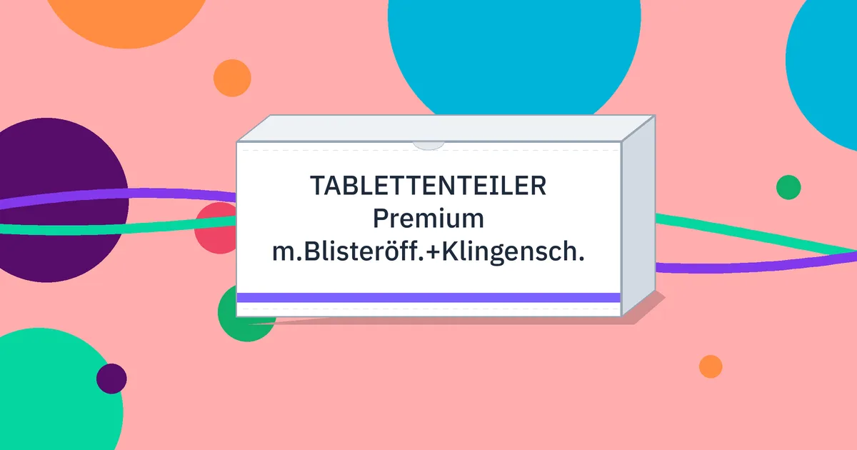 Symbolbild: Packung mit der Aufschrift TABLETTENTEILER Premium m.Blisteröff.+Klingensch. (PZN 19971717) – Verfügbarkeit und Bezug in Apotheken in Frankfurt am Main