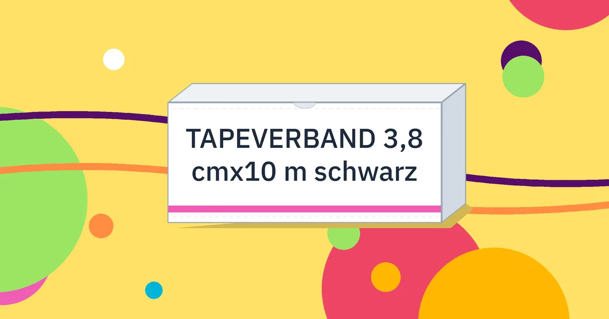 Symbolbild: Packung mit der Aufschrift TAPEVERBAND 3,8 cmx10 m schwarz (PZN 05130954) – Verfügbarkeit und Bezug in Apotheken in Frankfurt am Main