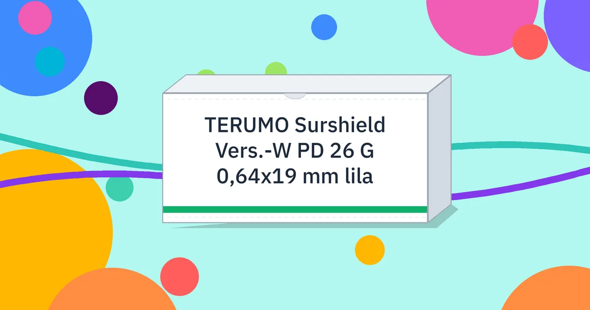 Symbolbild: Packung mit der Aufschrift TERUMO Surshield Vers.-W PD 26 G 0,64x19 mm lila (PZN 17630886) – Verfügbarkeit und Bezug in Apotheken in Frankfurt am Main