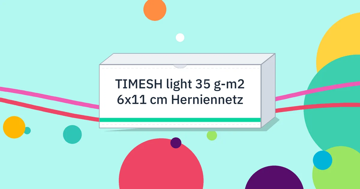 Symbolbild: Packung mit der Aufschrift TIMESH light 35 g-m2 6x11 cm Herniennetz (PZN 18157794) – Verfügbarkeit und Bezug in Apotheken in Frankfurt am Main