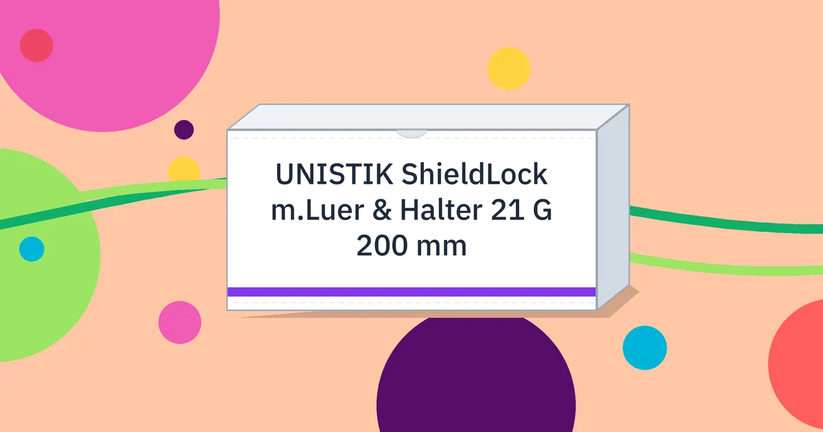 Symbolbild: Packung mit der Aufschrift UNISTIK ShieldLock m.Luer & Halter 21 G 200 mm (PZN 18410218) – Verfügbarkeit und Bezug in Apotheken in Frankfurt am Main