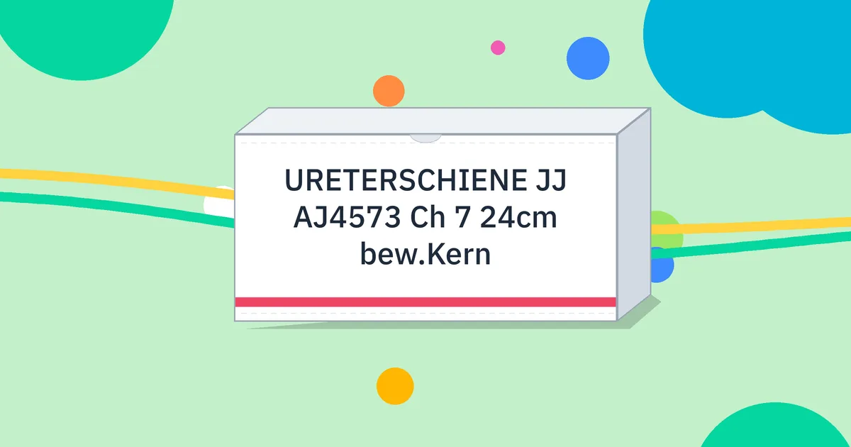Symbolbild: Packung mit der Aufschrift URETERSCHIENE JJ AJ4573 Ch 7 24cm bew.Kern (PZN 01357342) – Verfügbarkeit und Bezug in Apotheken in Frankfurt am Main