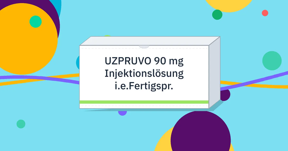 Symbolbild: Packung mit der Aufschrift UZPRUVO 90 mg Injektionslösung i.e.Fertigspr. (PZN 20375015) – Verfügbarkeit und Bezug in Apotheken in Frankfurt am Main