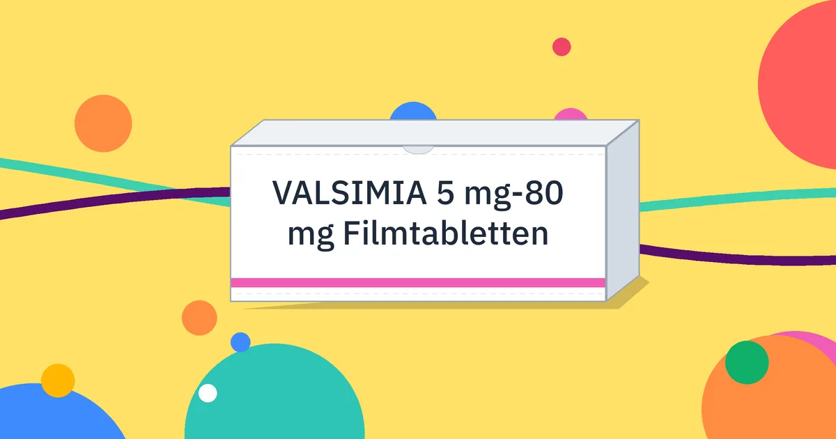 Symbolbild: Packung mit der Aufschrift VALSIMIA 5 mg-80 mg Filmtabletten (PZN 15639423) – Verfügbarkeit und Bezug in Apotheken in Frankfurt am Main