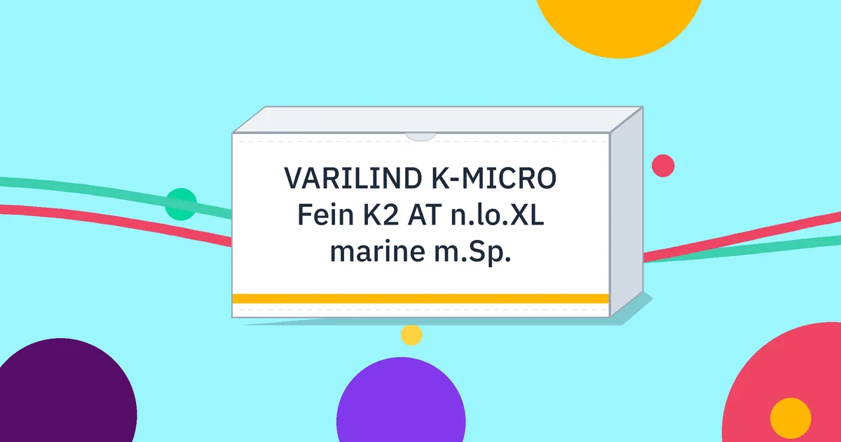 Symbolbild: Packung mit der Aufschrift VARILIND K-MICRO Fein K2 AT n.lo.XL marine m.Sp. (PZN 20553385) – Verfügbarkeit und Bezug in Apotheken in Frankfurt am Main