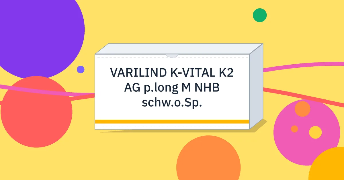 Symbolbild: Packung mit der Aufschrift VARILIND K-VITAL K2 AG p.long M NHB schw.o.Sp. (PZN 20565365) – Verfügbarkeit und Bezug in Apotheken in Frankfurt am Main