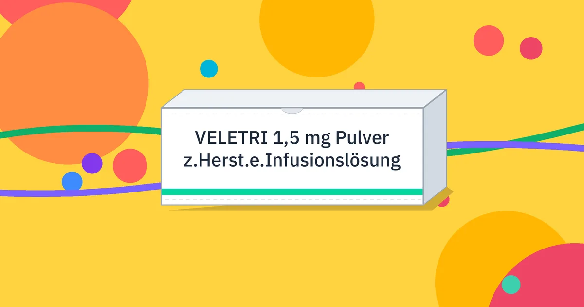 Symbolbild: Packung mit der Aufschrift VELETRI 1,5 mg Pulver z.Herst.e.Infusionslösung (PZN 12352514) – Verfügbarkeit und Bezug in Apotheken in Frankfurt am Main