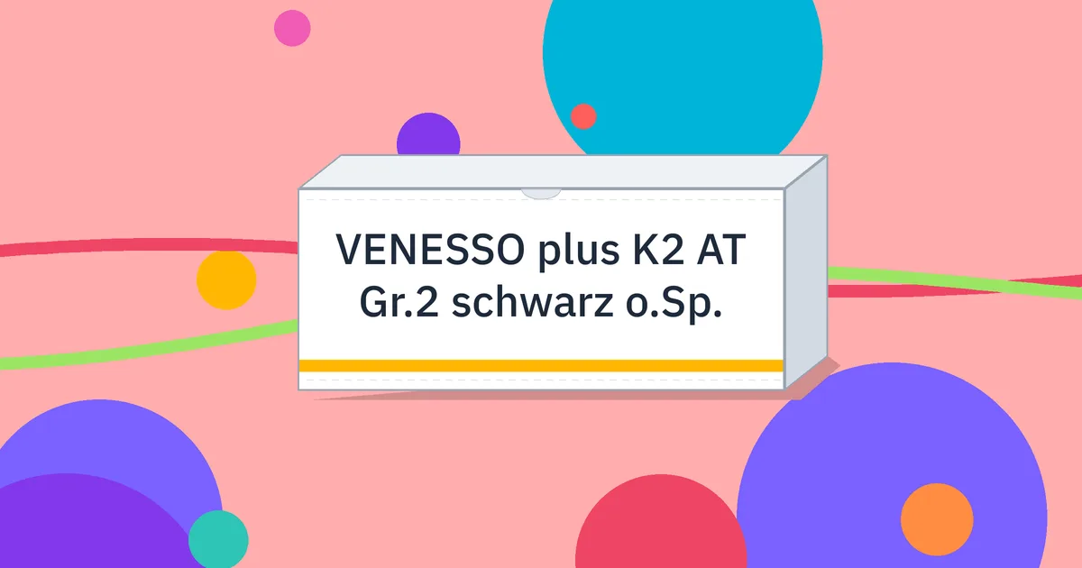 Symbolbild: Packung mit der Aufschrift VENESSO plus K2 AT Gr.2 schwarz o.Sp. (PZN 03288786) – Verfügbarkeit und Bezug in Apotheken in Frankfurt am Main