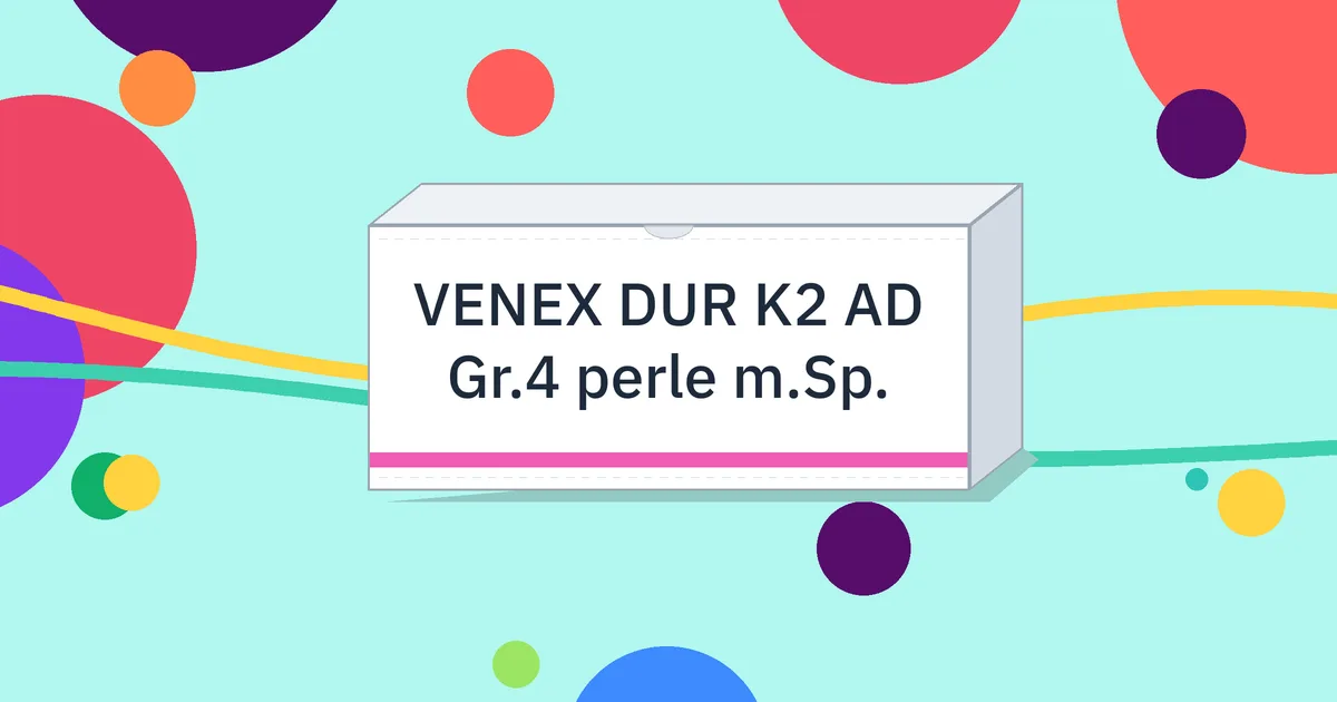 Symbolbild: Packung mit der Aufschrift VENEX DUR K2 AD Gr.4 perle m.Sp. (PZN 03208681) – Verfügbarkeit und Bezug in Apotheken in Frankfurt am Main