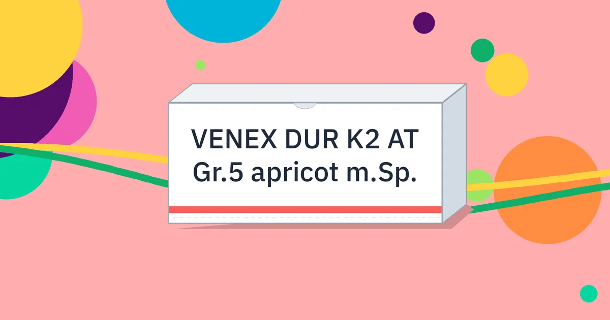 Symbolbild: Packung mit der Aufschrift VENEX DUR K2 AT Gr.5 apricot m.Sp. (PZN 03221894) – Verfügbarkeit und Bezug in Apotheken in Frankfurt am Main