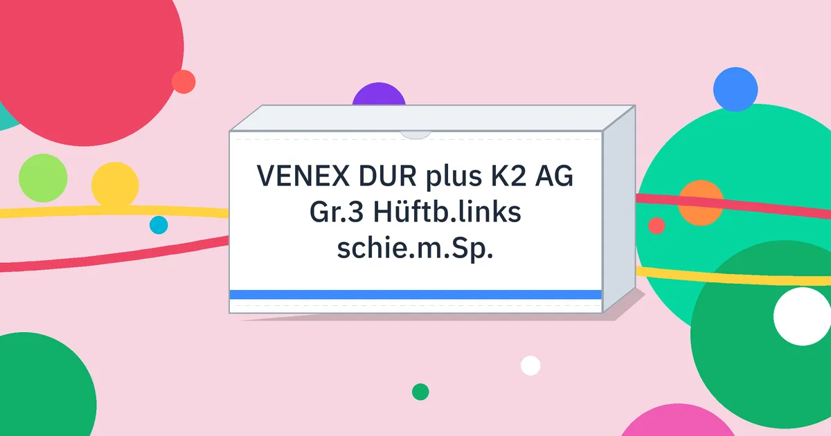 Symbolbild: Packung mit der Aufschrift VENEX DUR plus K2 AG Gr.3 Hüftb.links schie.m.Sp. (PZN 03237725) – Verfügbarkeit und Bezug in Apotheken in Frankfurt am Main