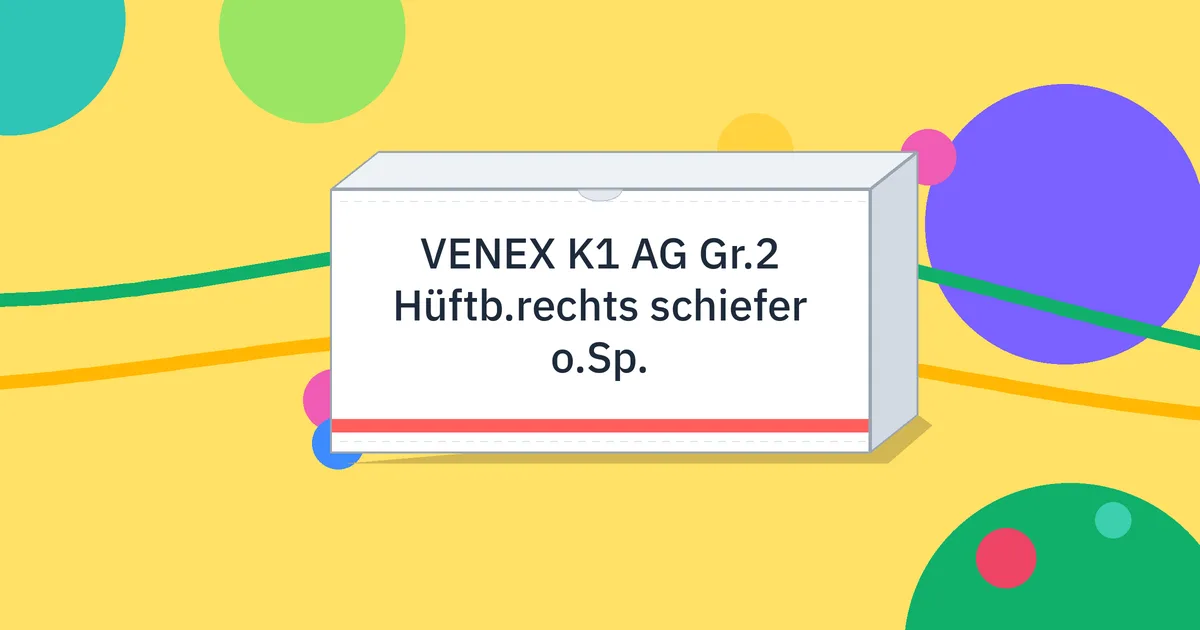 Symbolbild: Packung mit der Aufschrift VENEX K1 AG Gr.2 Hüftb.rechts schiefer o.Sp. (PZN 03207977) – Verfügbarkeit und Bezug in Apotheken in Frankfurt am Main