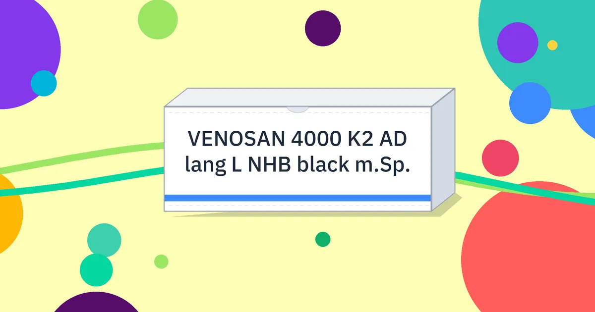 Symbolbild: Packung mit der Aufschrift VENOSAN 4000 K2 AD lang L NHB black m.Sp. (PZN 14427392) – Verfügbarkeit und Bezug in Apotheken in Frankfurt am Main