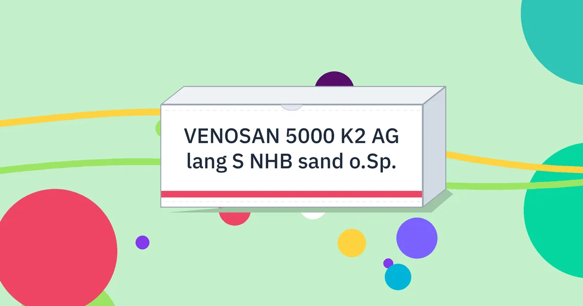 Symbolbild: Packung mit der Aufschrift VENOSAN 5000 K2 AG lang S NHB sand o.Sp. (PZN 14428836) – Verfügbarkeit und Bezug in Apotheken in Frankfurt am Main