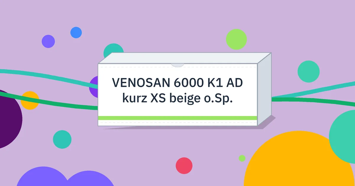 Symbolbild: Packung mit der Aufschrift VENOSAN 6000 K1 AD kurz XS beige o.Sp. (PZN 17171013) – Verfügbarkeit und Bezug in Apotheken in Frankfurt am Main