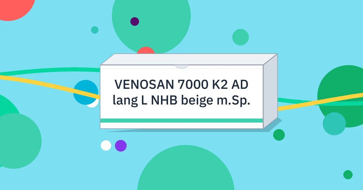 Symbolbild: Packung mit der Aufschrift VENOSAN 7000 K2 AD lang L NHB beige m.Sp. (PZN 14434417) – Verfügbarkeit und Bezug in Apotheken in Frankfurt am Main
