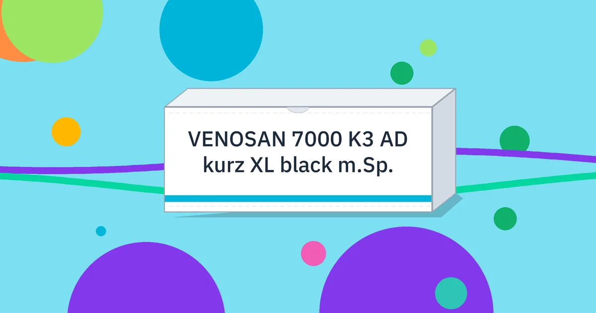Symbolbild: Packung mit der Aufschrift VENOSAN 7000 K3 AD kurz XL black m.Sp. (PZN 14436267) – Verfügbarkeit und Bezug in Apotheken in Frankfurt am Main