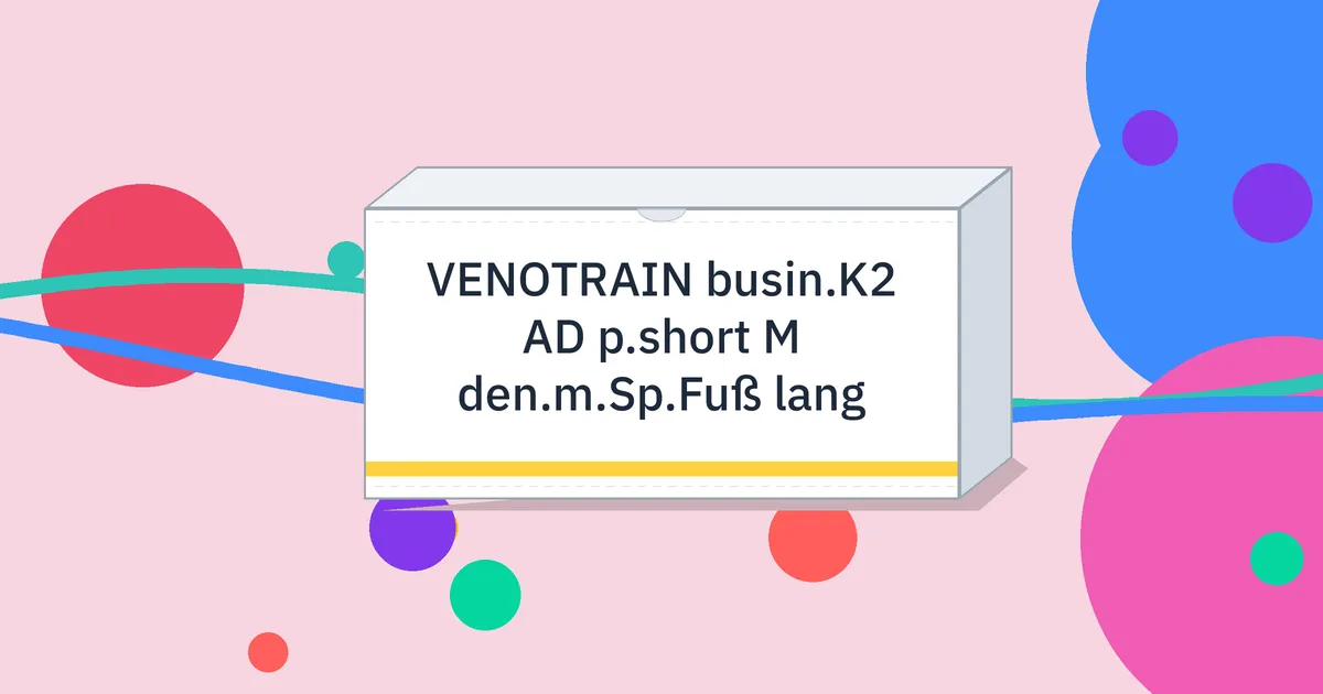 Symbolbild: Packung mit der Aufschrift VENOTRAIN busin.K2 AD p.short M den.m.Sp.Fuß lang (PZN 19057037) – Verfügbarkeit und Bezug in Apotheken in Frankfurt am Main