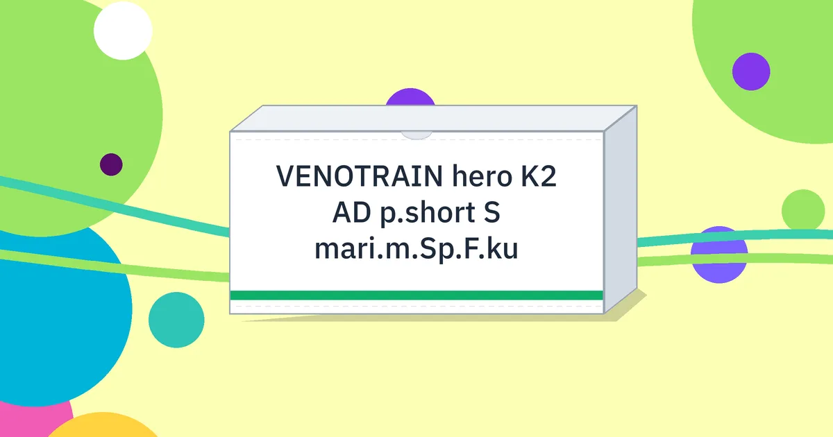 Symbolbild: Packung mit der Aufschrift VENOTRAIN hero K2 AD p.short S mari.m.Sp.F.ku (PZN 19189135) – Verfügbarkeit und Bezug in Apotheken in Frankfurt am Main
